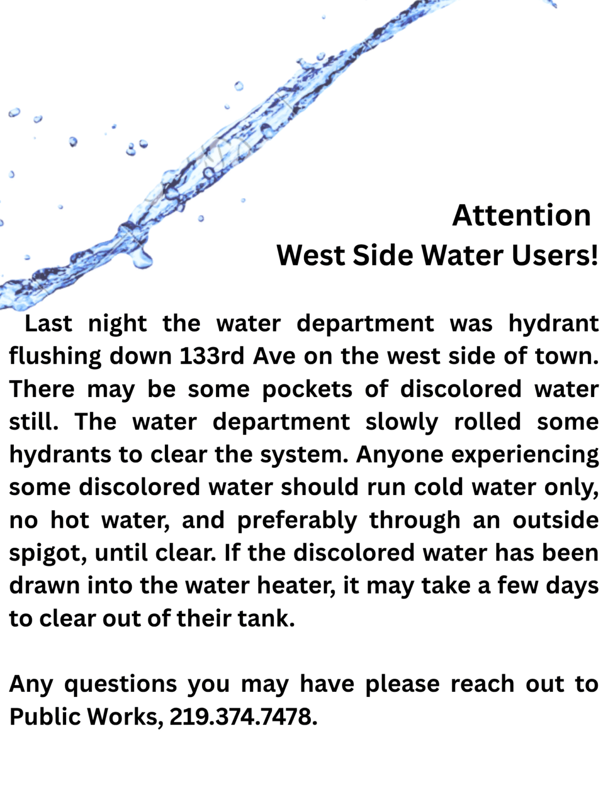 West Side Water System Notice – Town of Cedar Lake